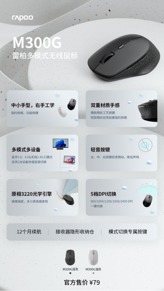新增模式切换键，原相3320性能升级，雷柏M300G 2024版多模无线鼠标上市-太平洋科技